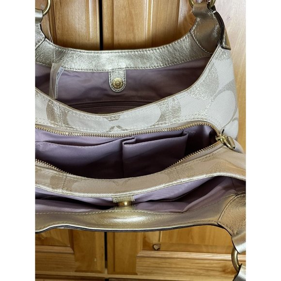 Coach | Bags | 358 Coach Madison Maggie Jacquard Gold Metalic Leather Hobo Shoulder Bag F2582 ...